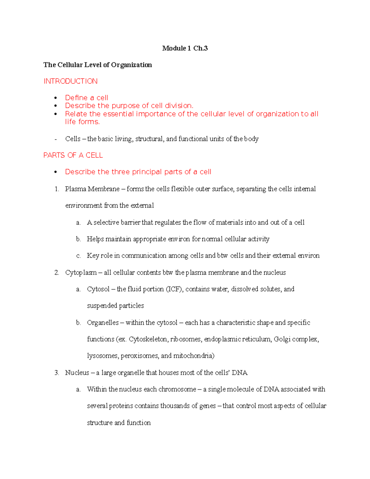 267 Module 1 Ch 3 - ch 3 - Module 1 Ch. The Cellular Level of Organization INTRODUCTION Define a ...