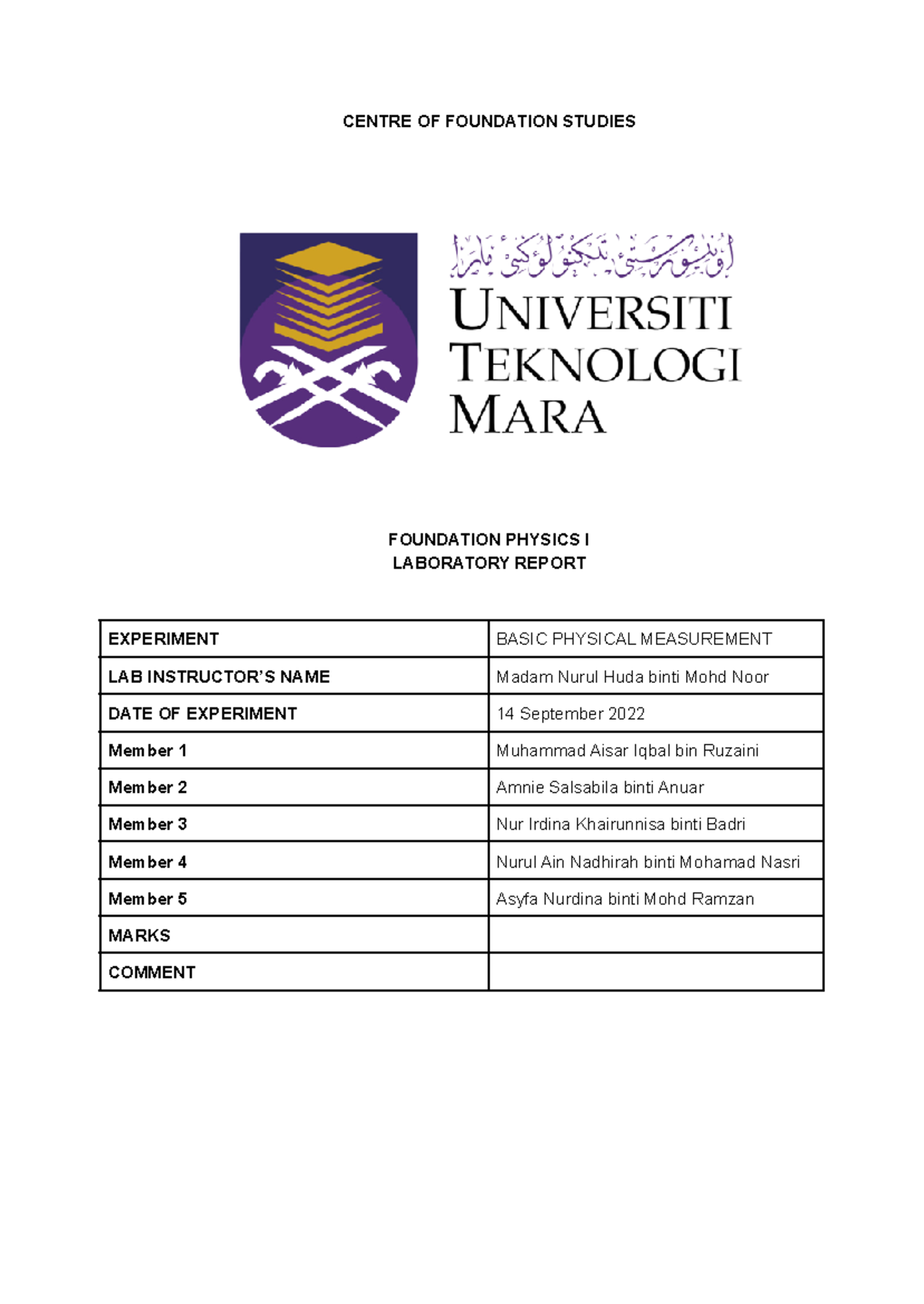 S50 G1 LAB Report Basic Physical Measurement - CENTRE OF FOUNDATION ...