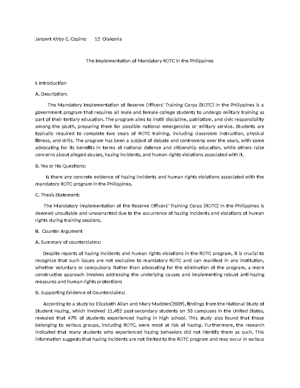 Position paper in eapp - Janpert Kirby C. Copino 12 -Diakonia The ...