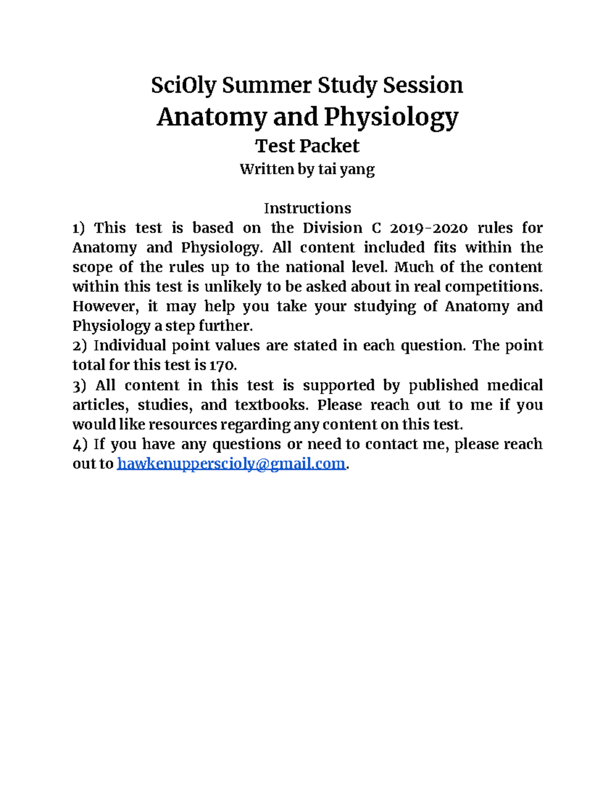 Anatomyphysiology 2021 c ssss-tai - SciOly Summer Study Session Anatomy ...