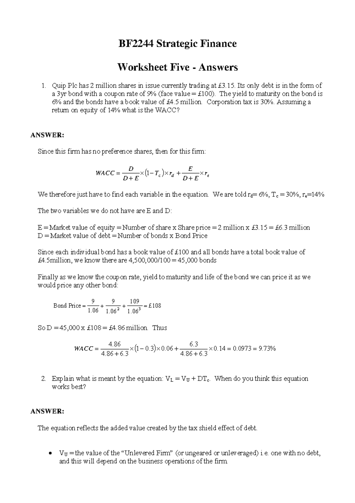 SF Tutorial Five Answers - BF2244 Strategic Finance Worksheet Five ...