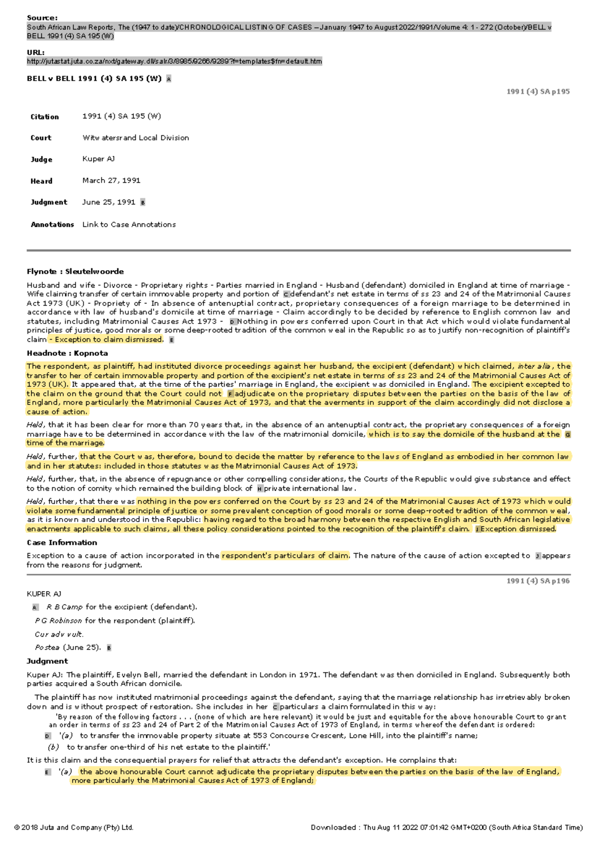 Bell v Bell - Divorce case - Source: South African Law Reports, The ...