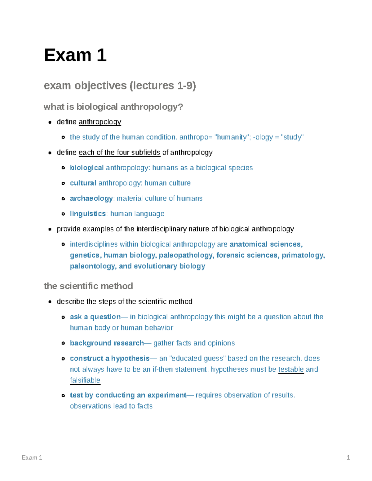 Exam 1 Review Learning Objectives - Exam 1 exam objectives (lectures 1 ...