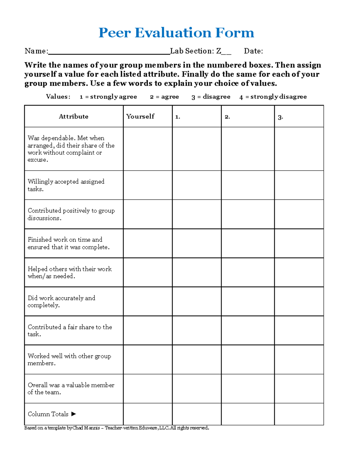 Peer Evaluation Form new 2023 - Peer Evaluation Form Name: Lab Section ...