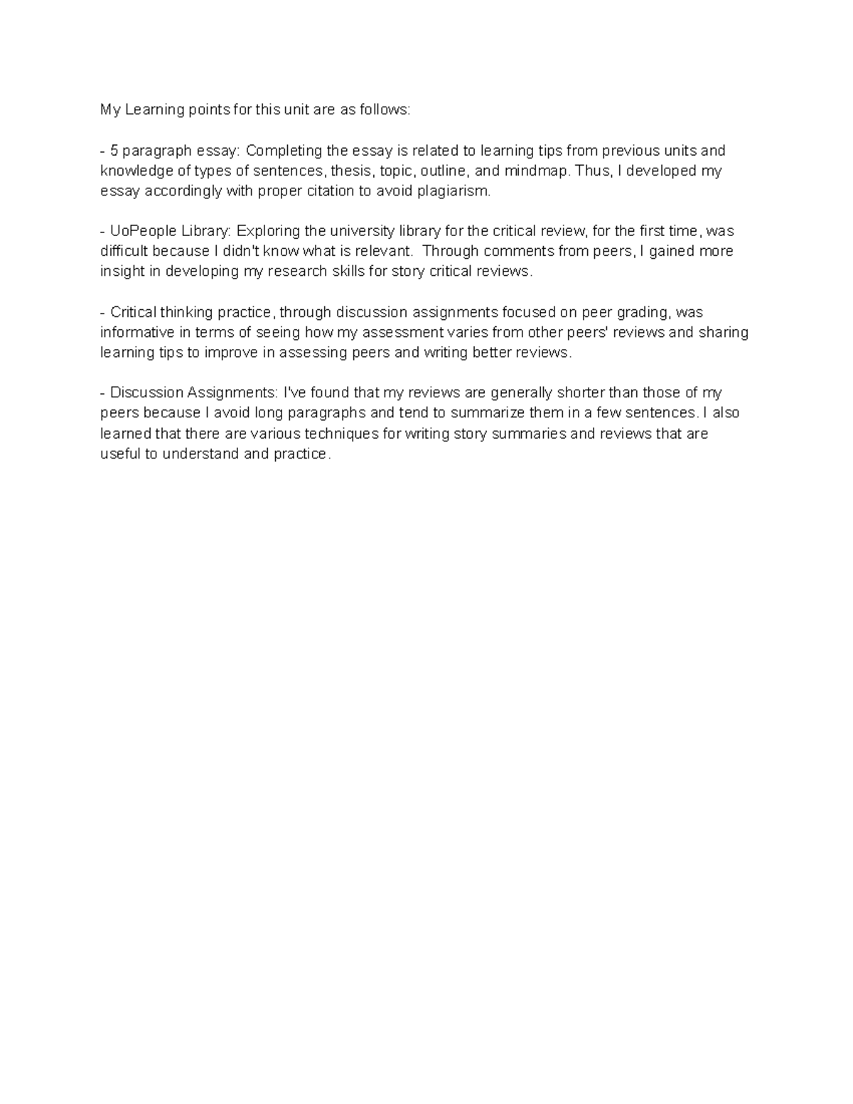 ENG0101 Learning Journal Unit 4 - My Learning points for this unit are ...