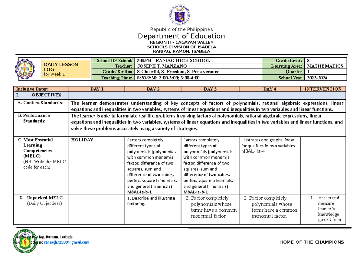 Dll math 8 w1 - dll - Republic of the Philippines Department of Education REGION II – CAGAYAN ...
