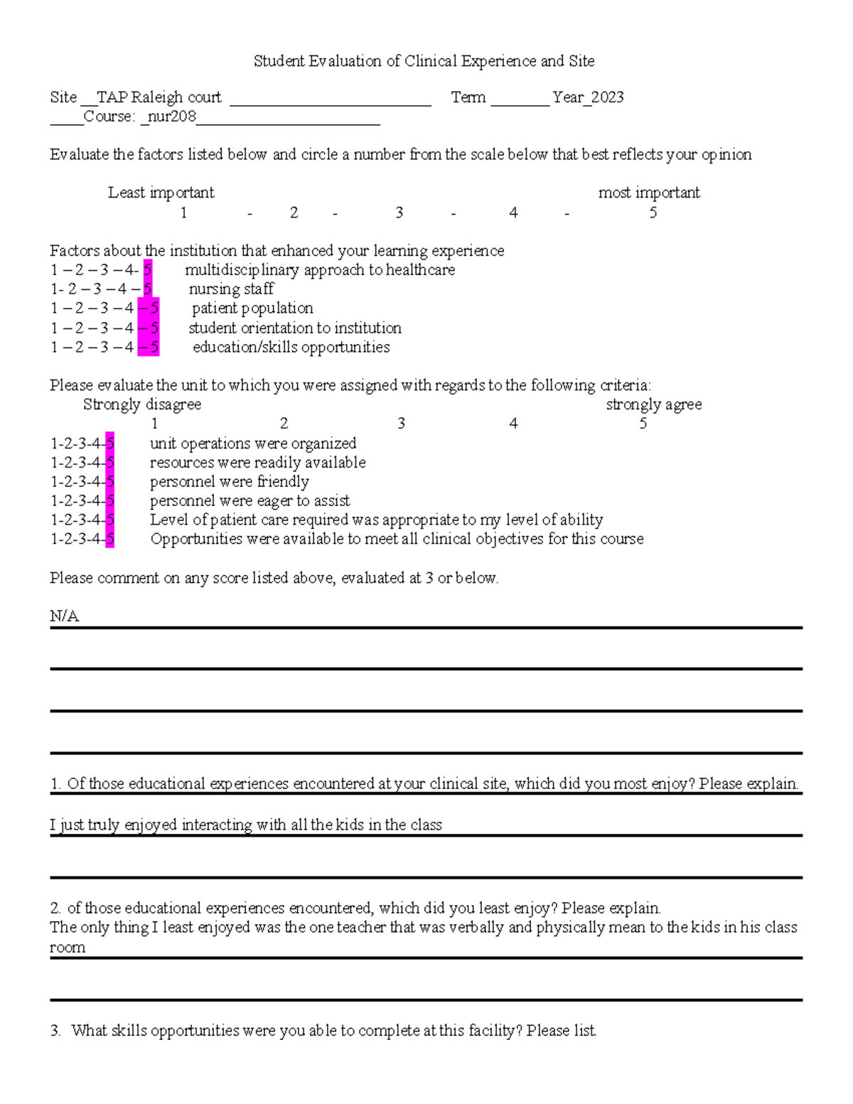 Aaa Student Evaluation of Clinical Site and Experience - Student ...