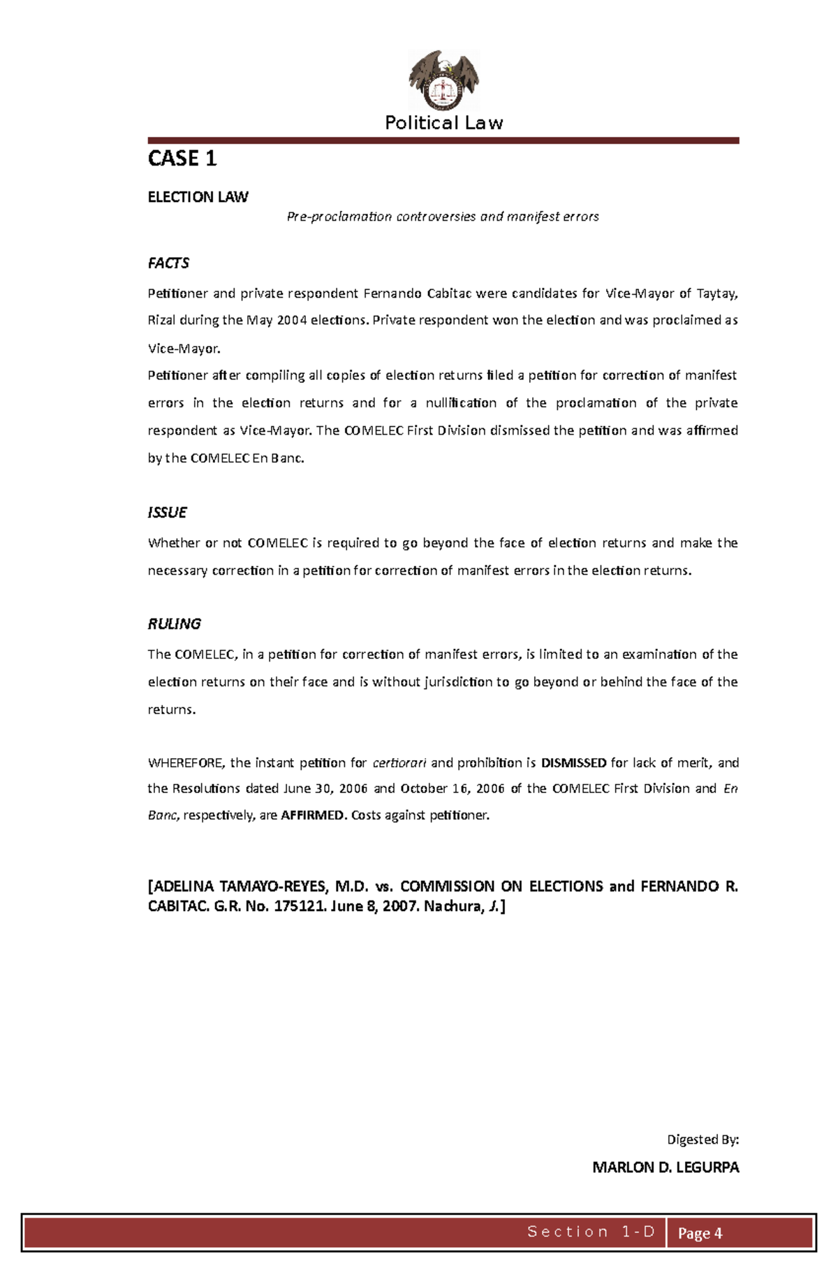 47701419 Election Law Digested Cases - CASE 1 ELECTION LAW Pre ...