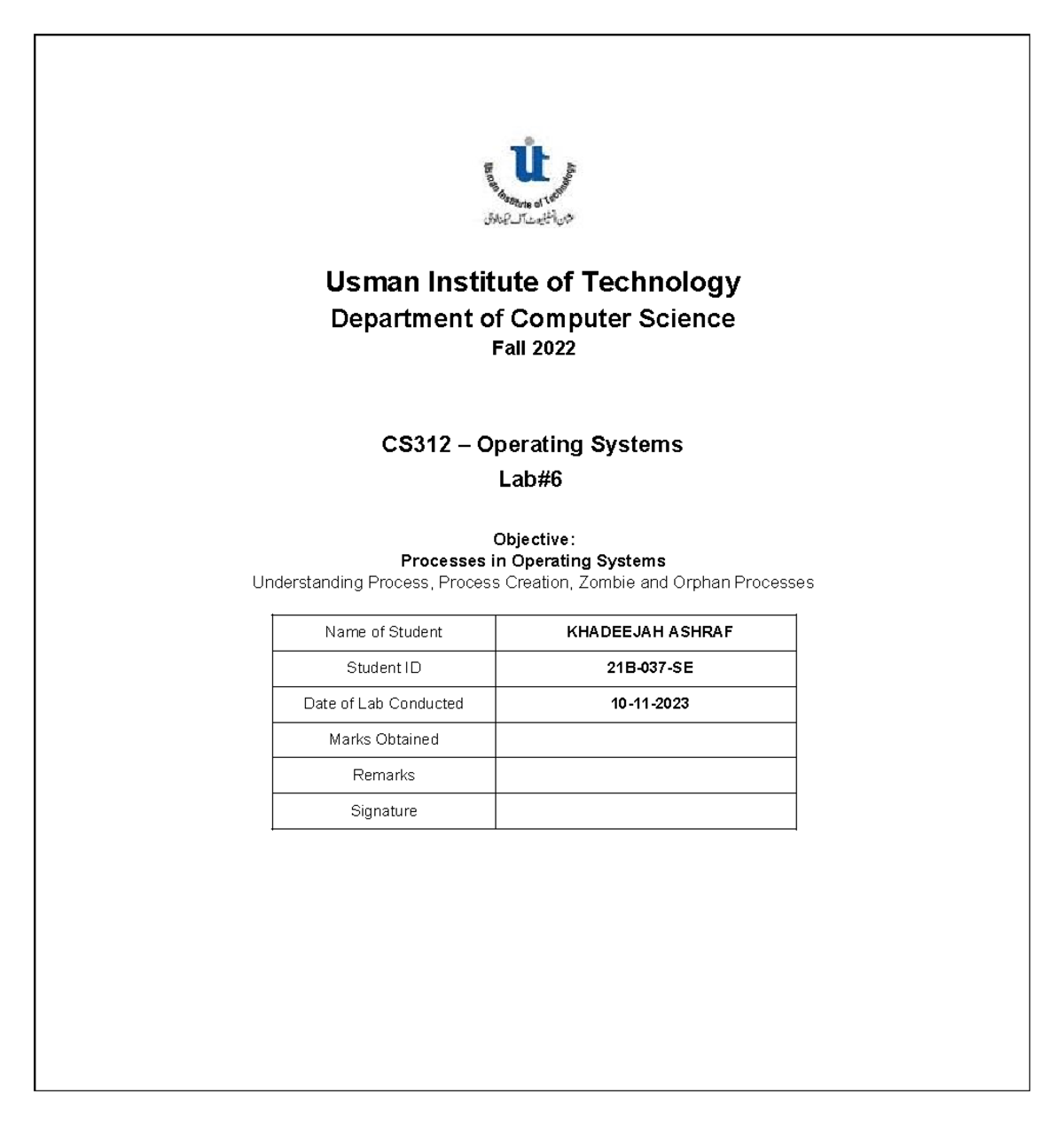 LAB 6 -CS312 -OPERATING SYSTEMS - Usman Institute of Technology Department of Computer Science ...