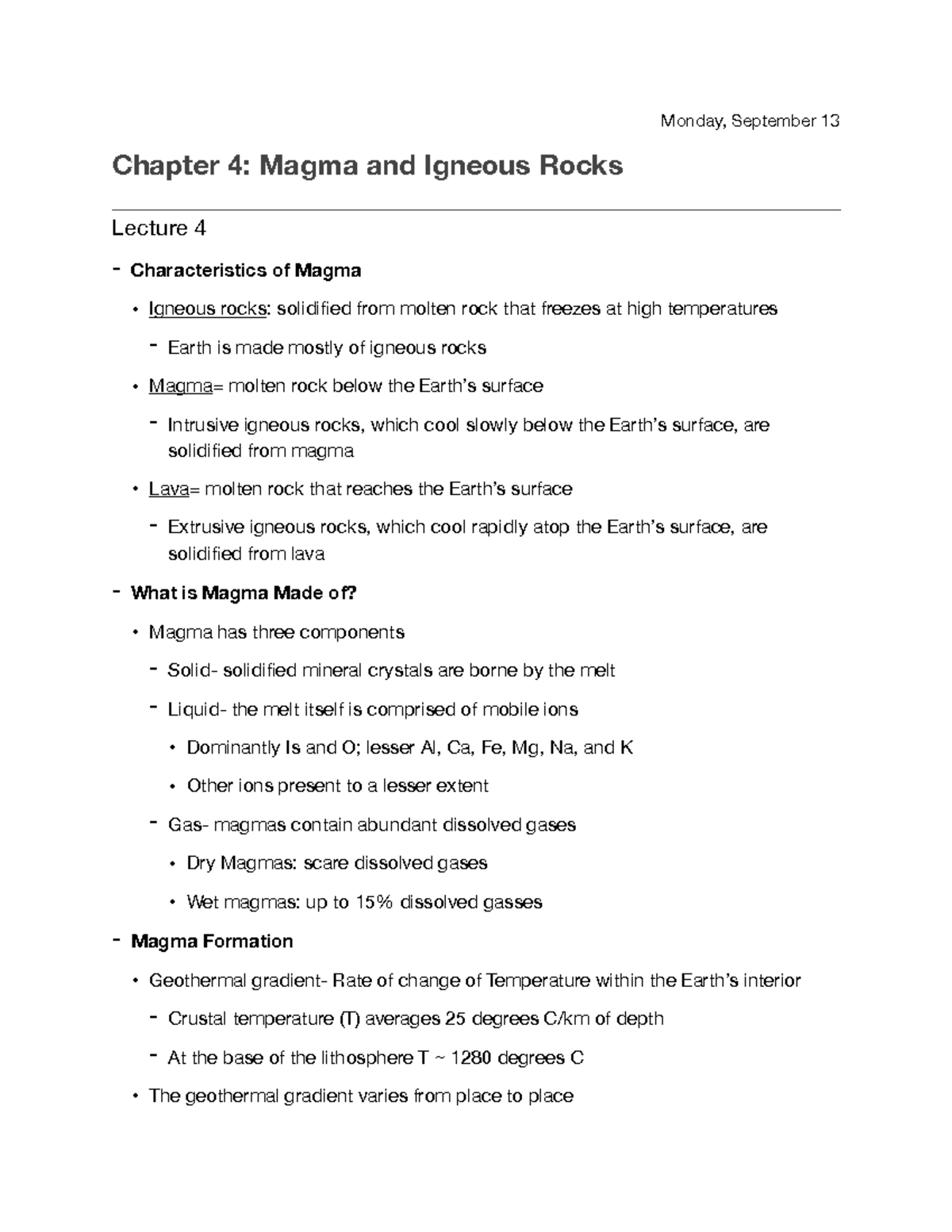 Geo Ch. 4- Notetaker PDF - Monday, September 13 Chapter 4: Magma and Igneous Rocks Lecture 4 ...