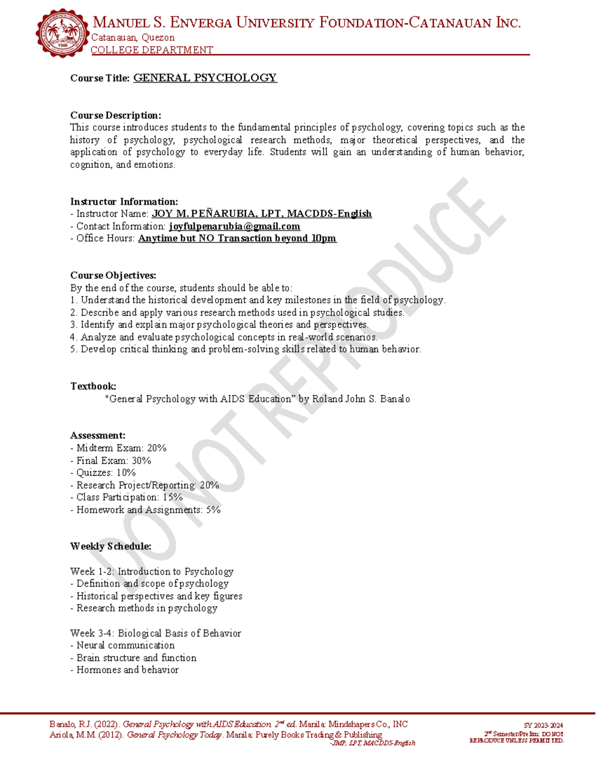 Course Outline Syllabus (PS1101) - MANUEL S. ENVERGA UNIVERSITY ...