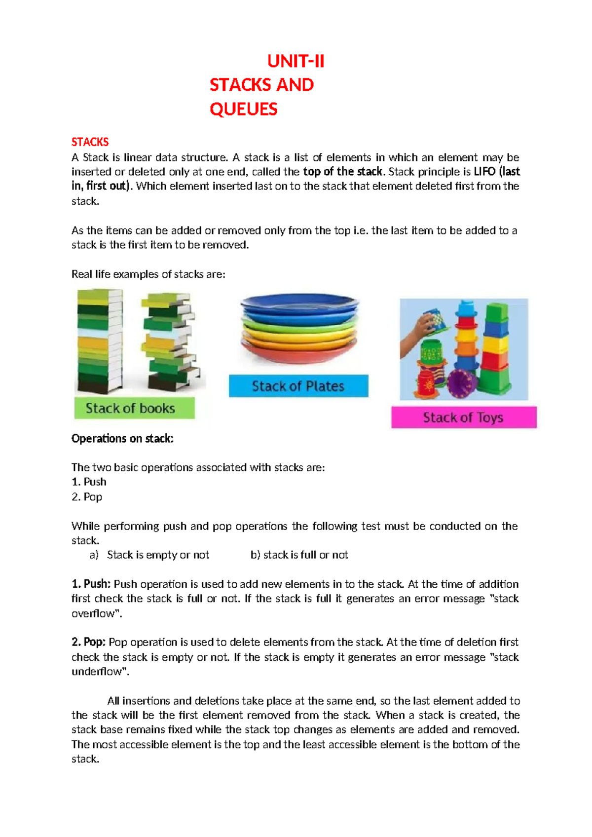 UNIT-2 - Data structure notes unit 2 - UNIT-II STACKS AND QUEUES STACKS ...