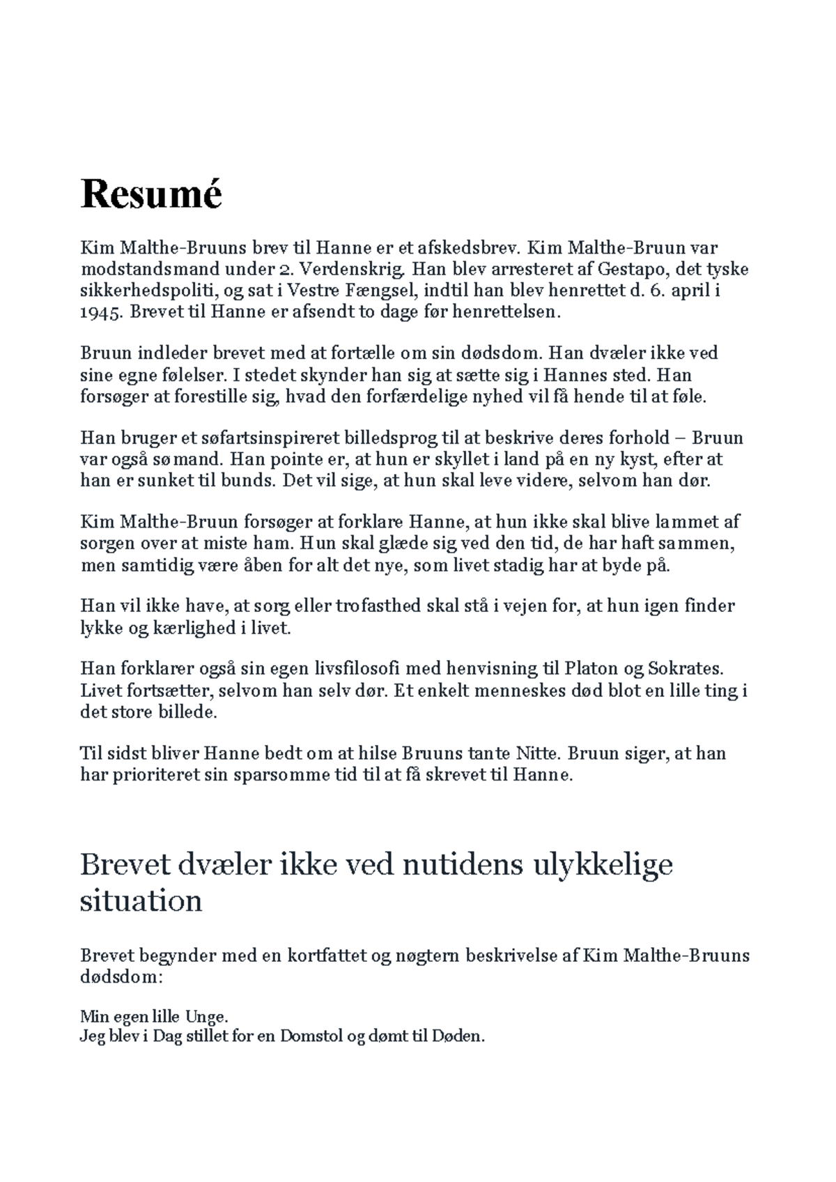 Resumé - jaja - Resumé Kim Malthe-Bruuns brev til Hanne er et ...