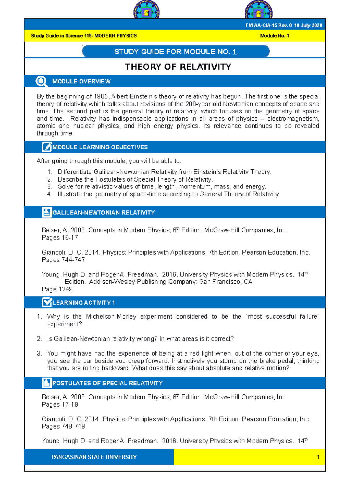 Science 119 Study Guide 1 - THEORY OF RELATIVITY MODULE OVERVIEW By the ...