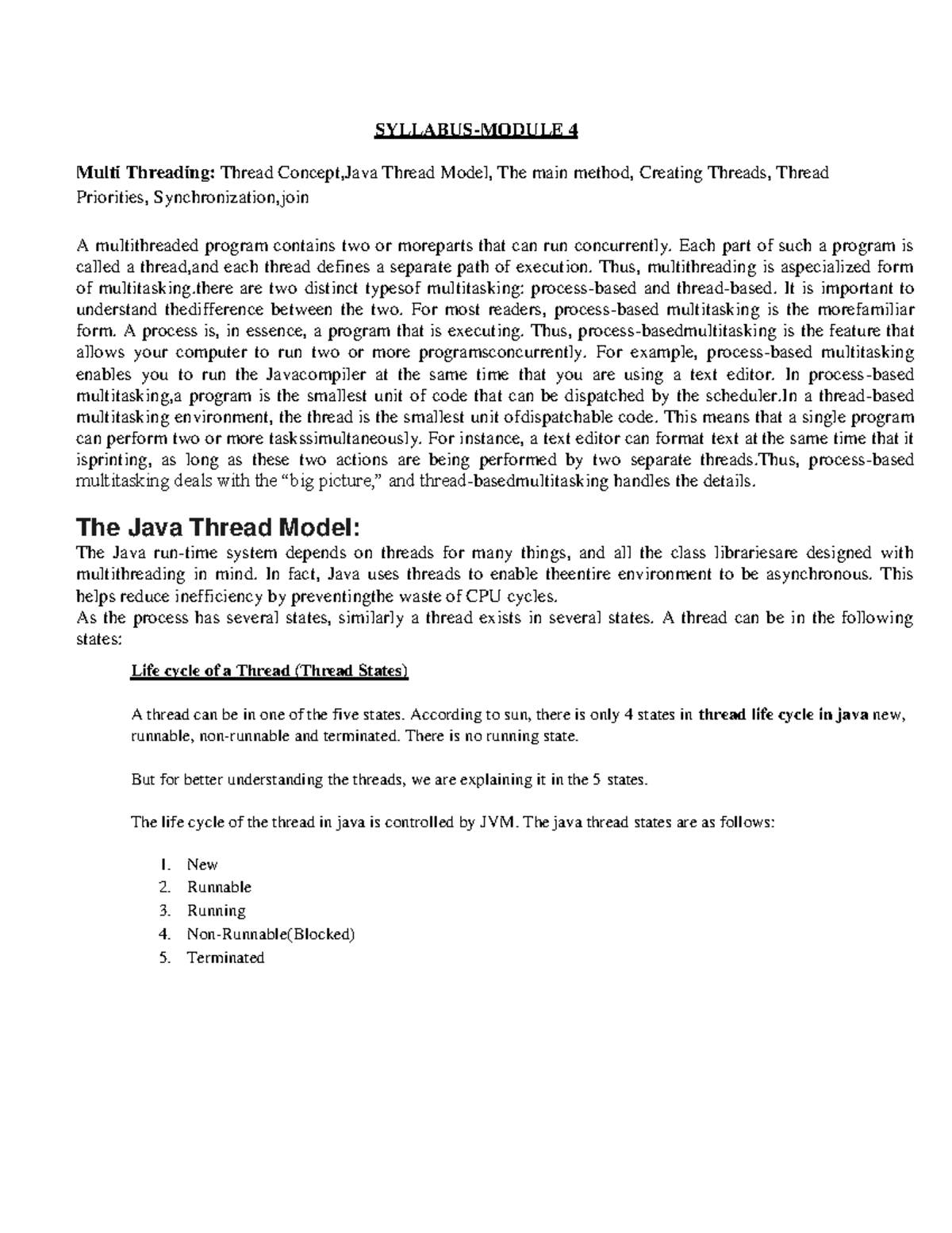 JAVA MOD 4 Notes updated - SYLLABUS-MODULE 4 Multi Threading: Thread ...