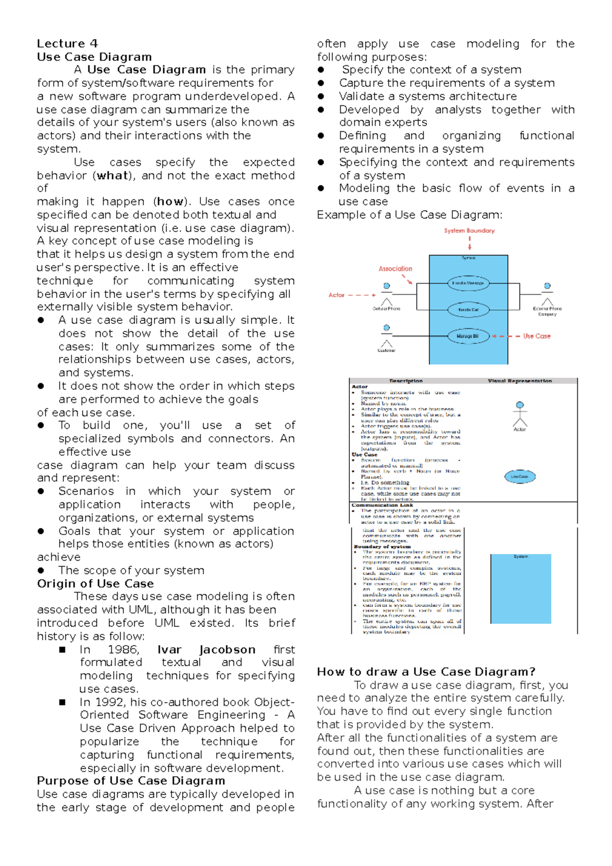 Lecture 4 - None - Lecture 4 Use Case Diagram A Use Case Diagram is the ...