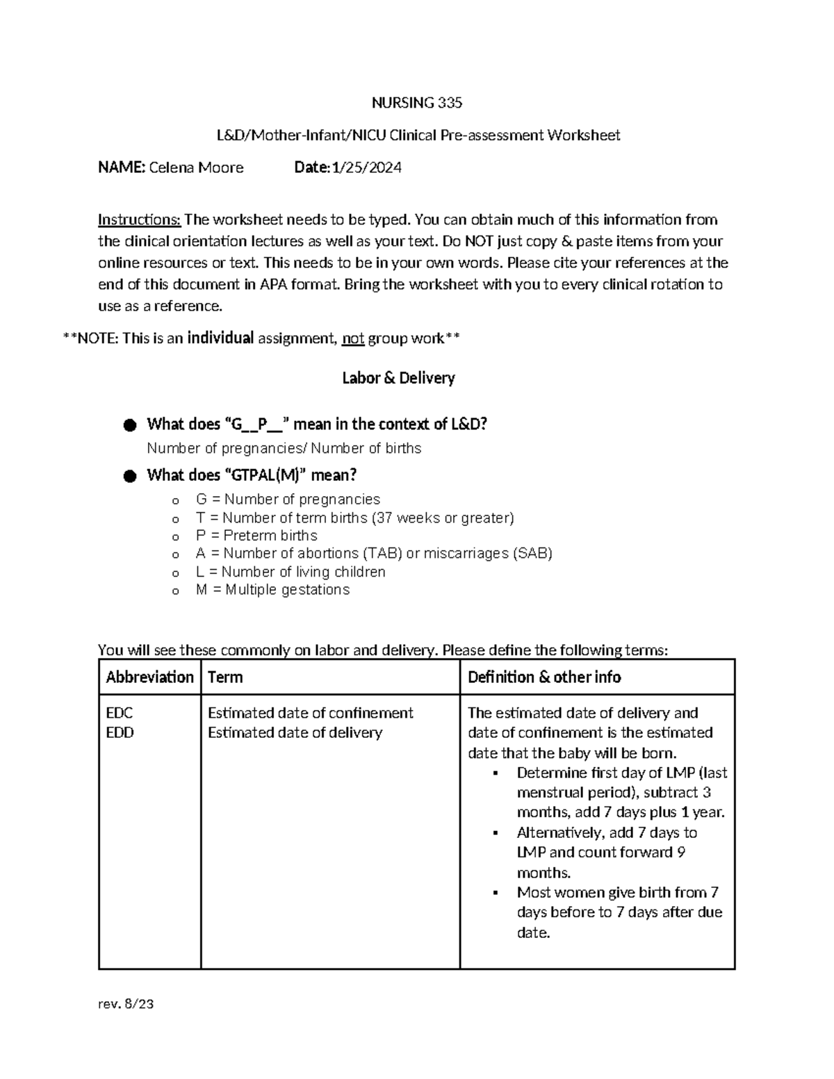Clinical Pre Assess Worksheet-5.LD - NURSING 335 L&D/Mother-Infant/NICU ...