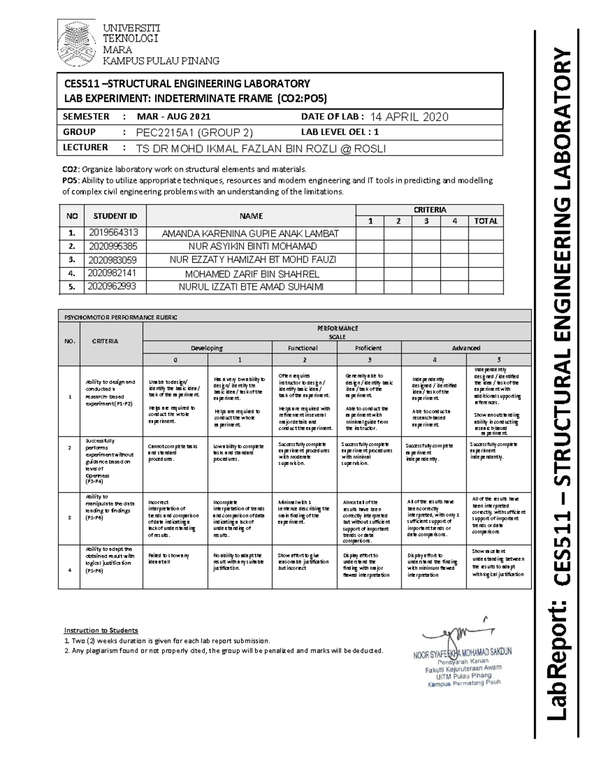 Lab 4 Indeterminate Frame - Structural engineering lab - UiTM - Studocu