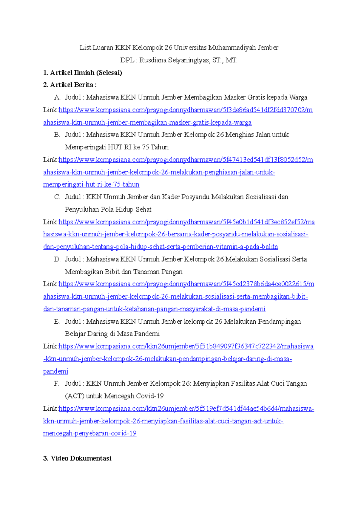 List Luaran Program Kerja KKN - List Luaran KKN Kelompok 26 Universitas ...