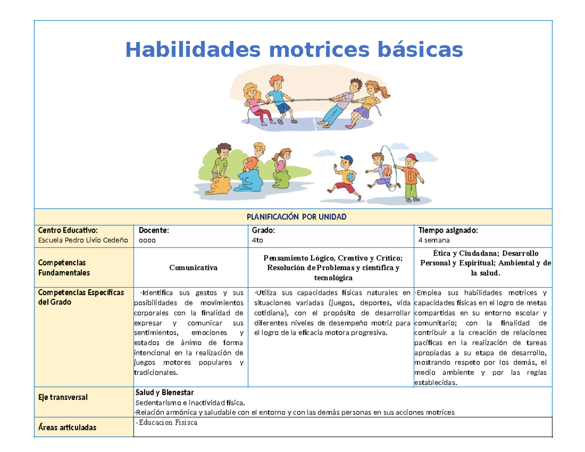 Plan de unidad y diaria de 5to grado de habilidades motrices basicas - Habilidades motrices ...