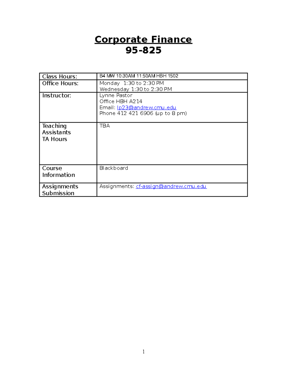 Cf - Summary Corporate Finance - Corporate MW 10:30AM 11:50AM HBH 1:30 ...