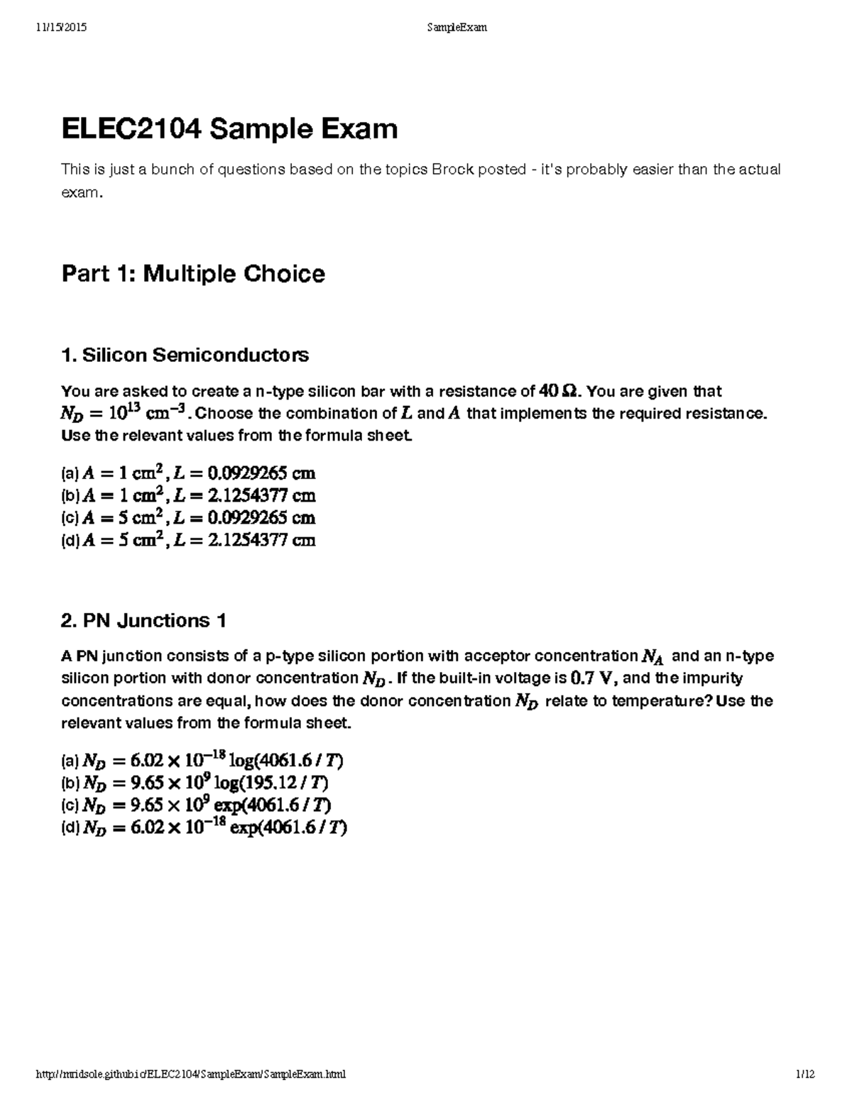 Sample/practice exam 2015- ELEC2104 - ELEC2104 Sample Exam This is just ...