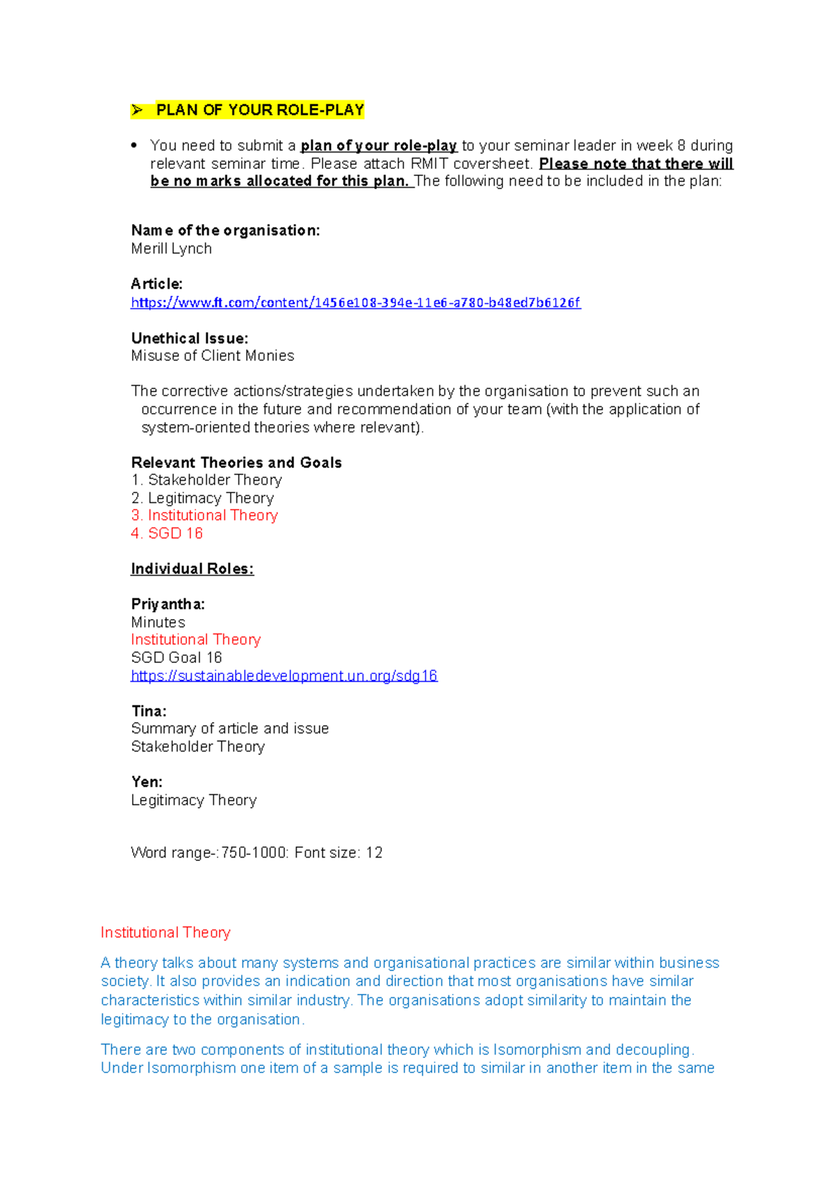 ACCT2111 Role Play Plan (Priyatha) - PLAN OF YOUR ROLE-PLAY You need to ...