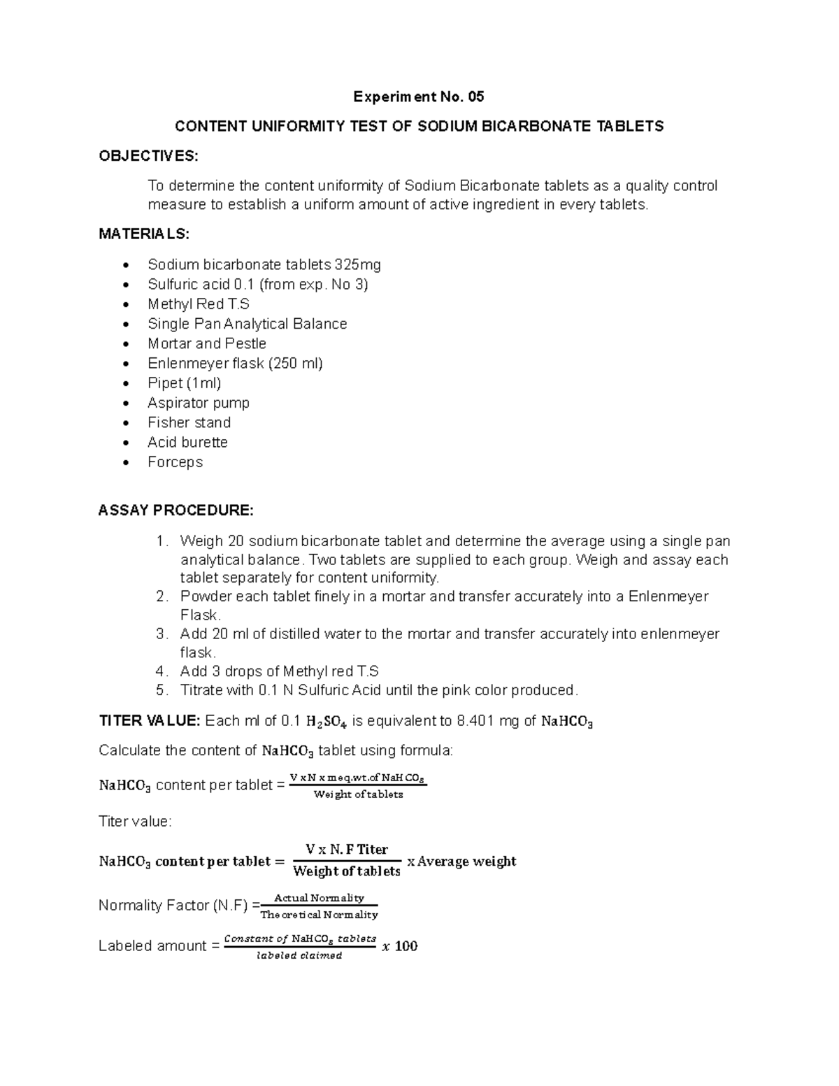 5-and-6 - Experiment No. 05 CONTENT UNIFORMITY TEST OF SODIUM ...
