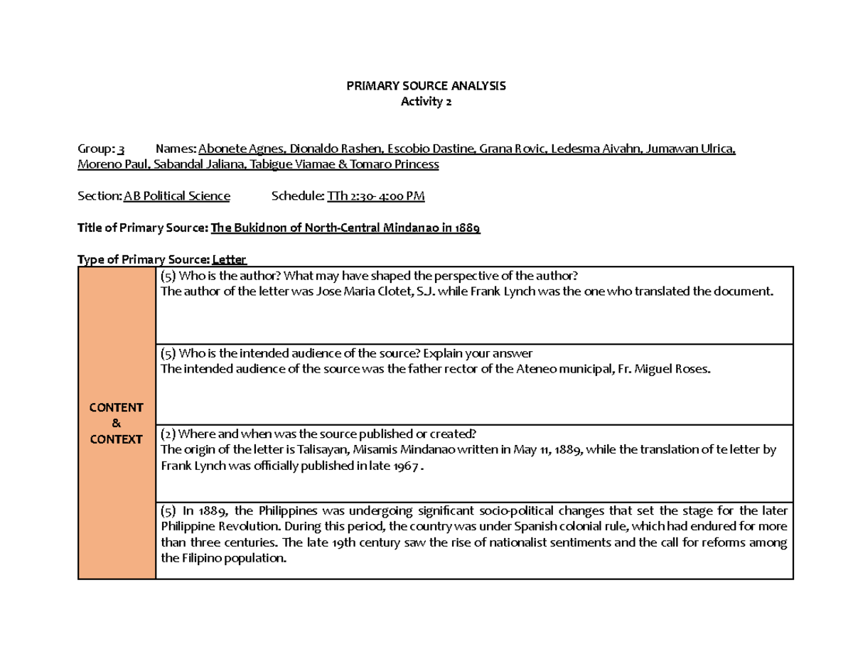 G3 Primary Source Analysis - PRIMARY SOURCE ANALYSIS Activity 2 Group ...