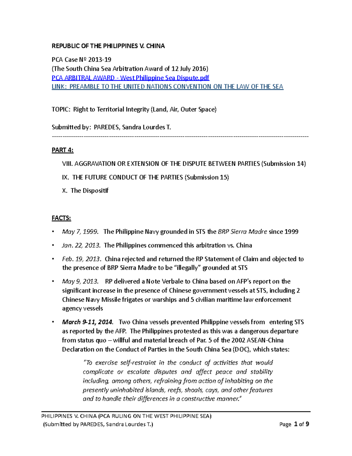 Philippines V China PCA Ruling ON WPS Paredes Sandra - REPUBLIC OF THE ...
