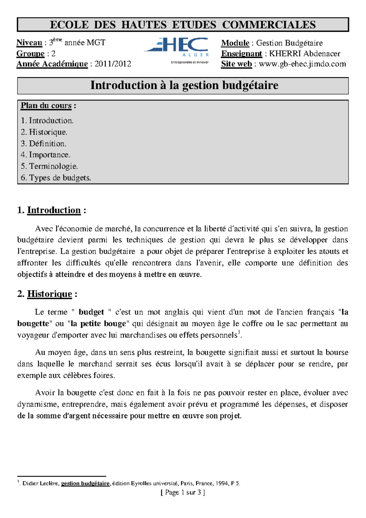 Cours 01 - [ Page 1 sur 3 ] ECOLE DES HAUTES ETUDES COMMERCIALES Niveau ...