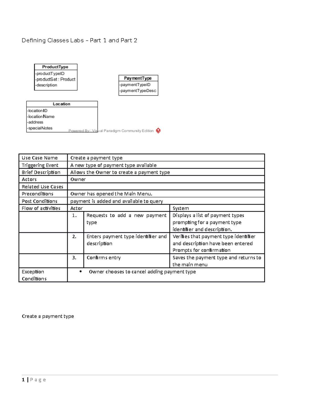 Defining Classes Lab-part2-answers - Defining Classes Labs – Part 1 and Part 2 Use Case Name ...