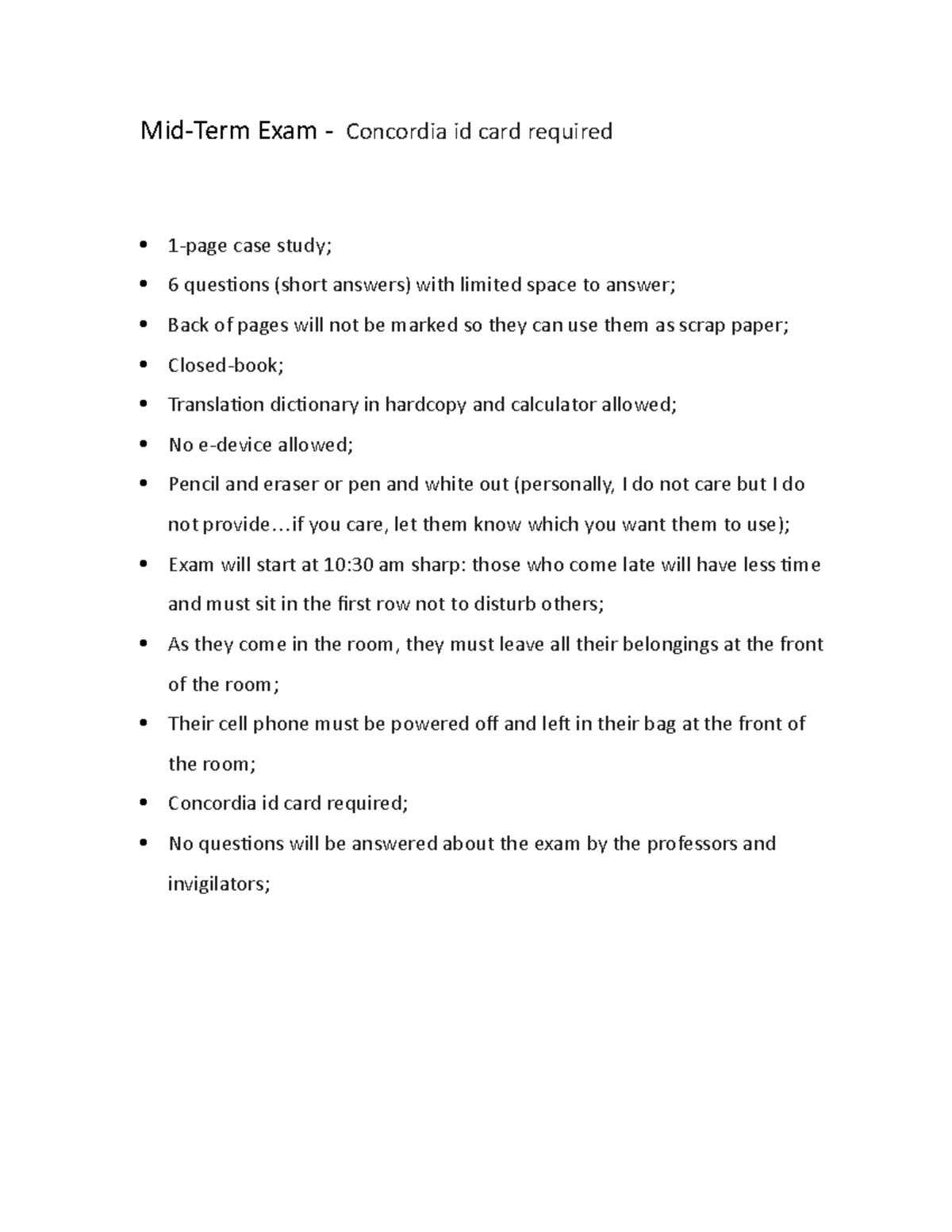 Mid-Term Instructions - Mid-Term Exam - Concordia id card required 1-page case study; 6 - Studocu