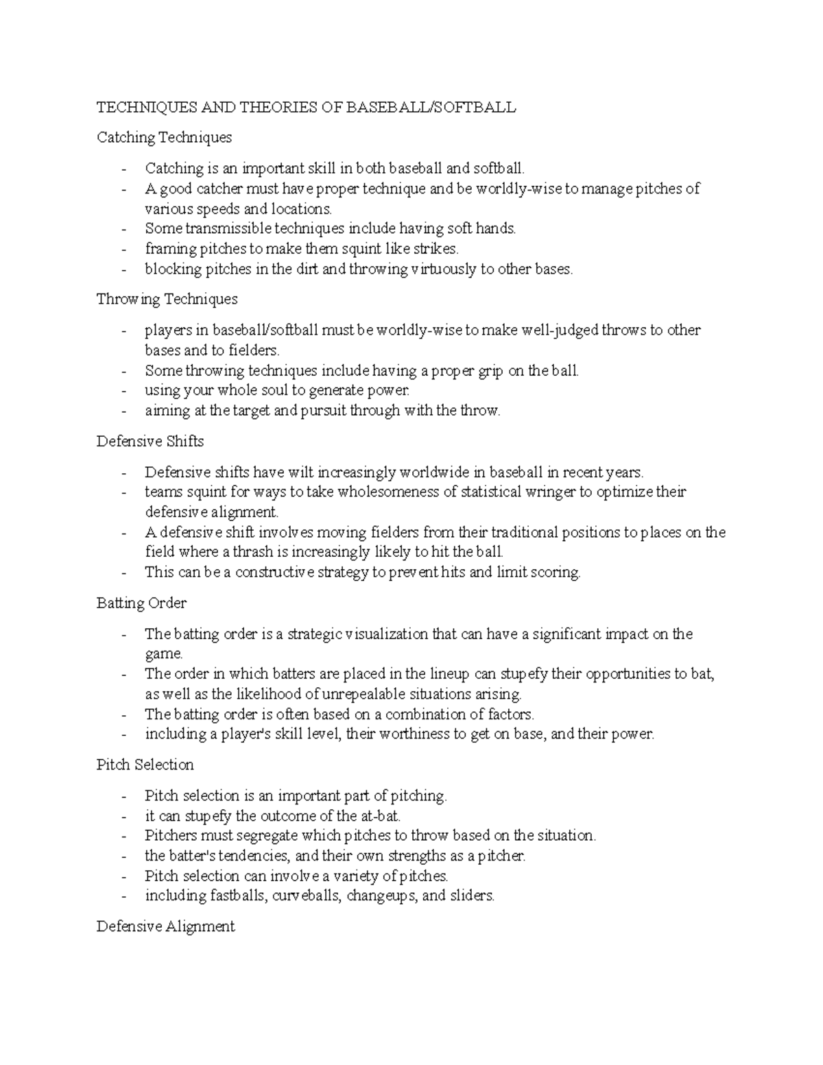 Techniques AND Theories OF Baseball Notes 2 - TECHNIQUES AND THEORIES ...