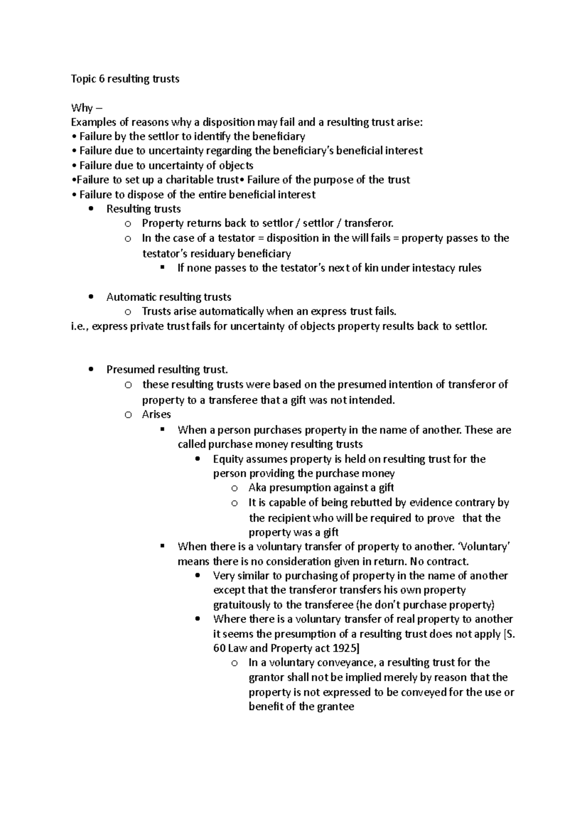 Topic 6 equity - resulting trusts - Topic 6 resulting trusts Why ...