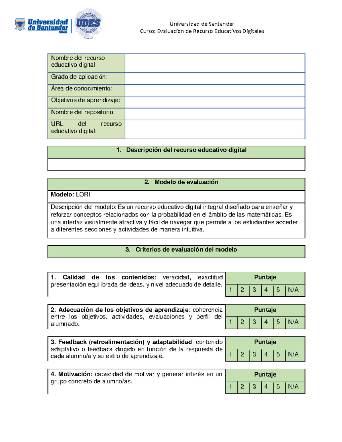 Modelo LORI - Universidad de Santander Curso: Evaluación de Recurso ...