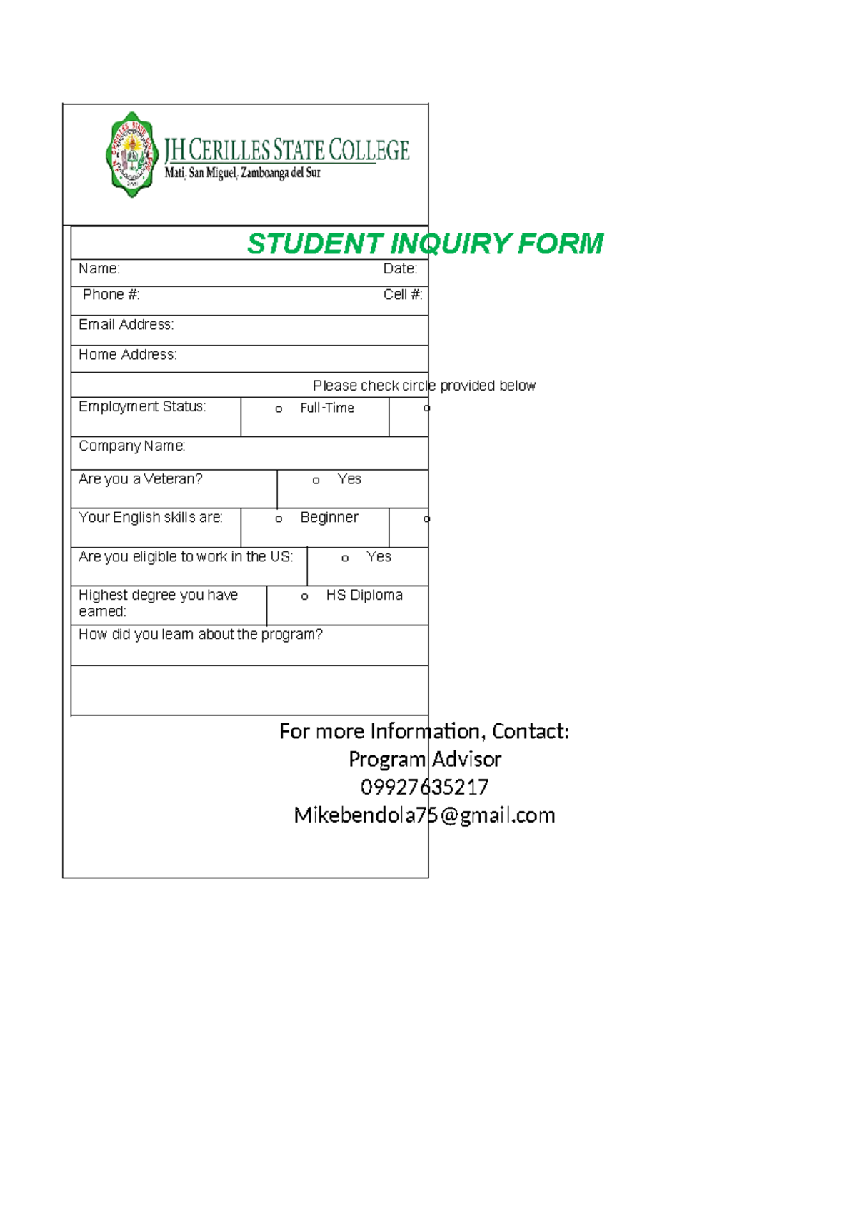 Bendola Activity 1esese - STUDENT INQUIRY FORM Name: Date: Phone ...