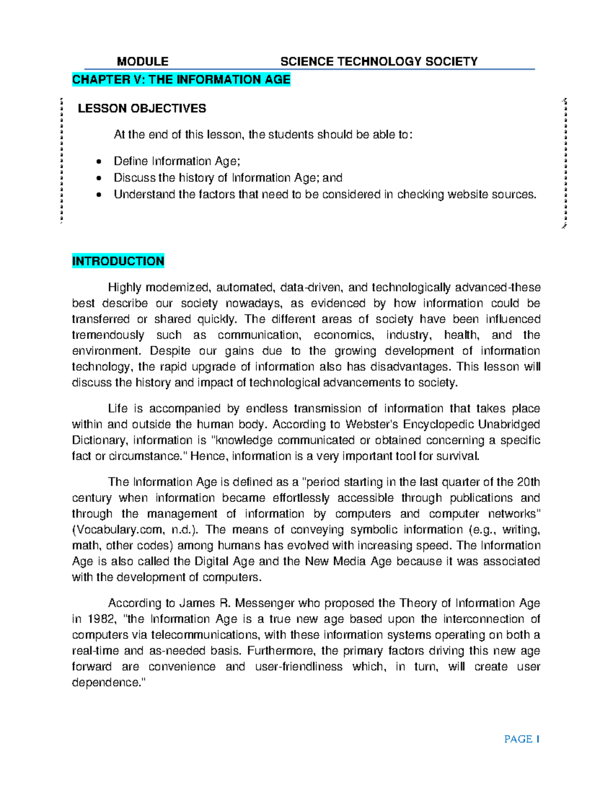Chapter V The Information Age - CHAPTER V: THE INFORMATION AGE LESSON ...