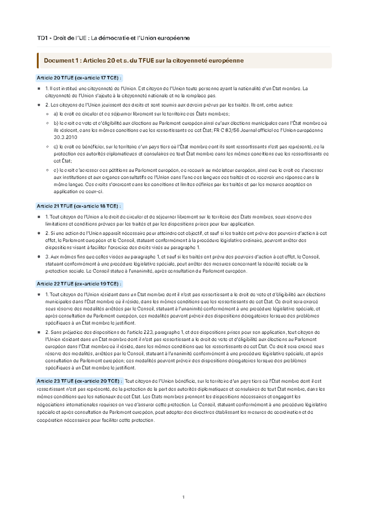 TD1 - Droit de l’UE - du TFUE sur la citoyenneté européenne Article 20 TFUE (ex-article 17 TCE ...