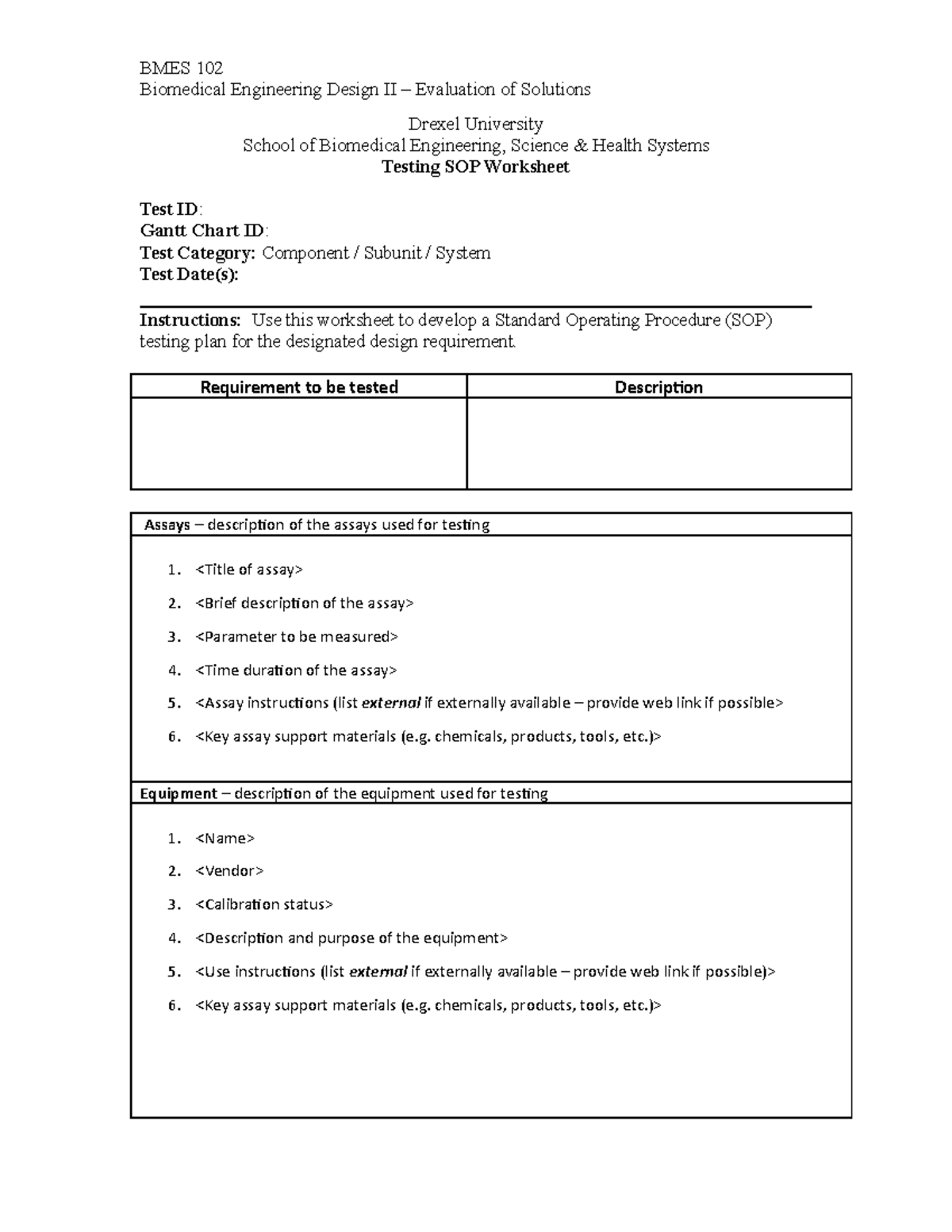 BMES 102 Design Test SOP-Worksheet template v1 - BMES 102 Biomedical ...