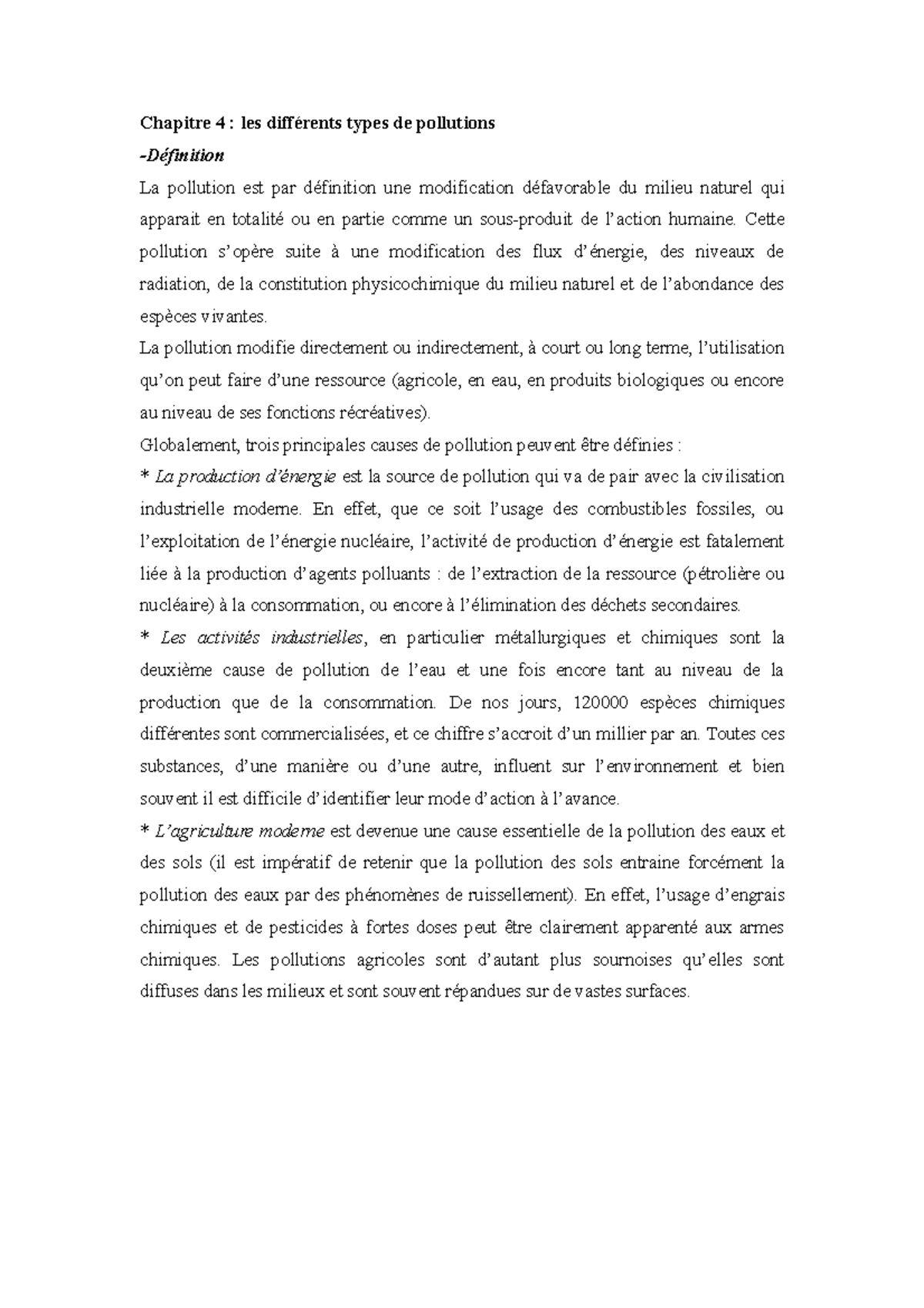 Chapitre 4 Les différents types de pollutions - Chapitre 4 : les différents types de pollutions ...