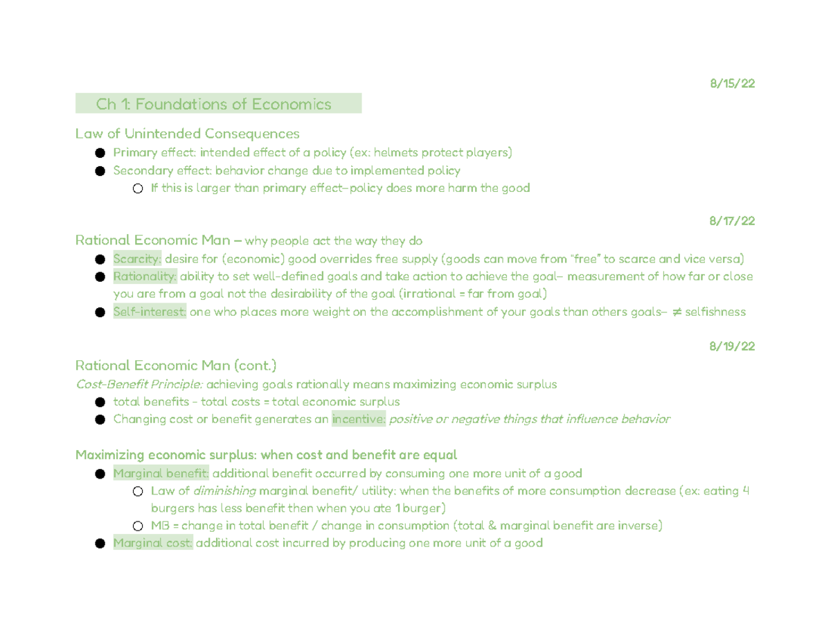 Econ 1000 chapter 1 - 8/15/ ..... 1: Foundations of Economics...... Law ...