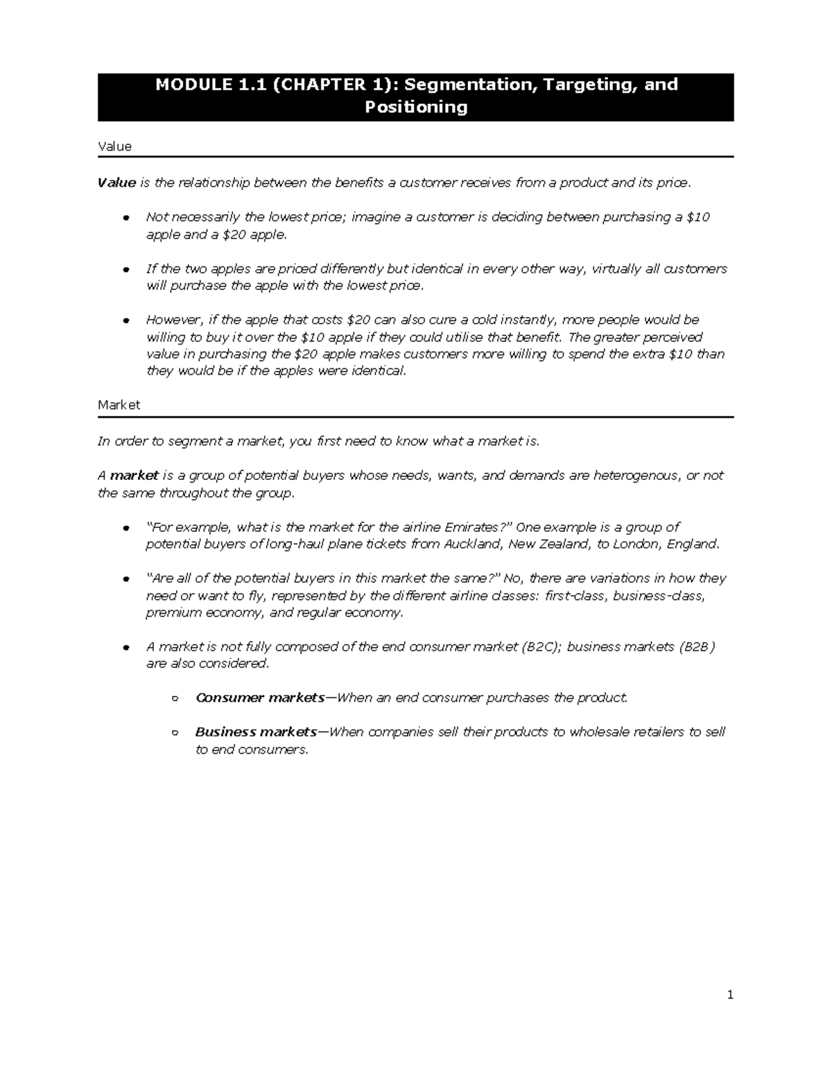 MARK-101: Exam Notes - Positioning Value Value is the relationship ...