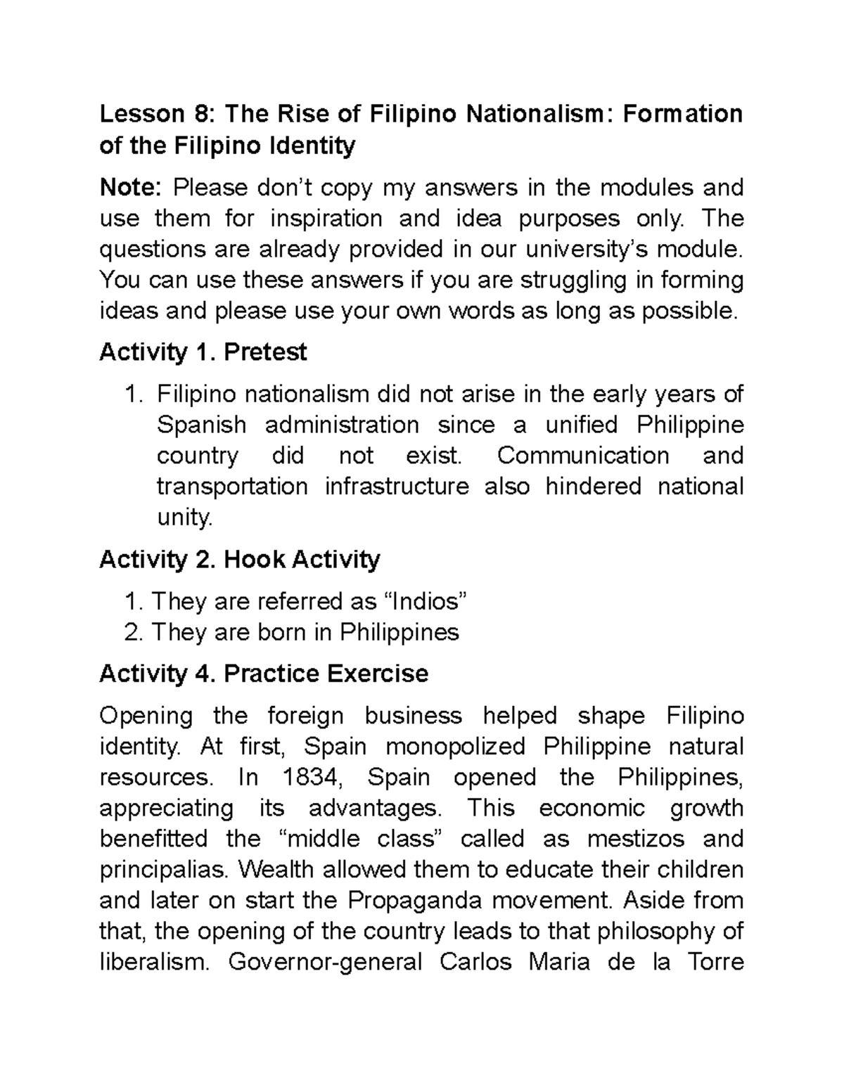 GEN 004 Lesson 8 Answers - Lesson 8: The Rise of Filipino Nationalism ...
