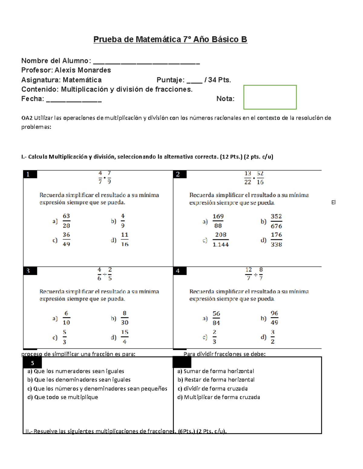 Prueba 7° fracciones y divisiones - Prueba de Matemática 7° Año Básico ...