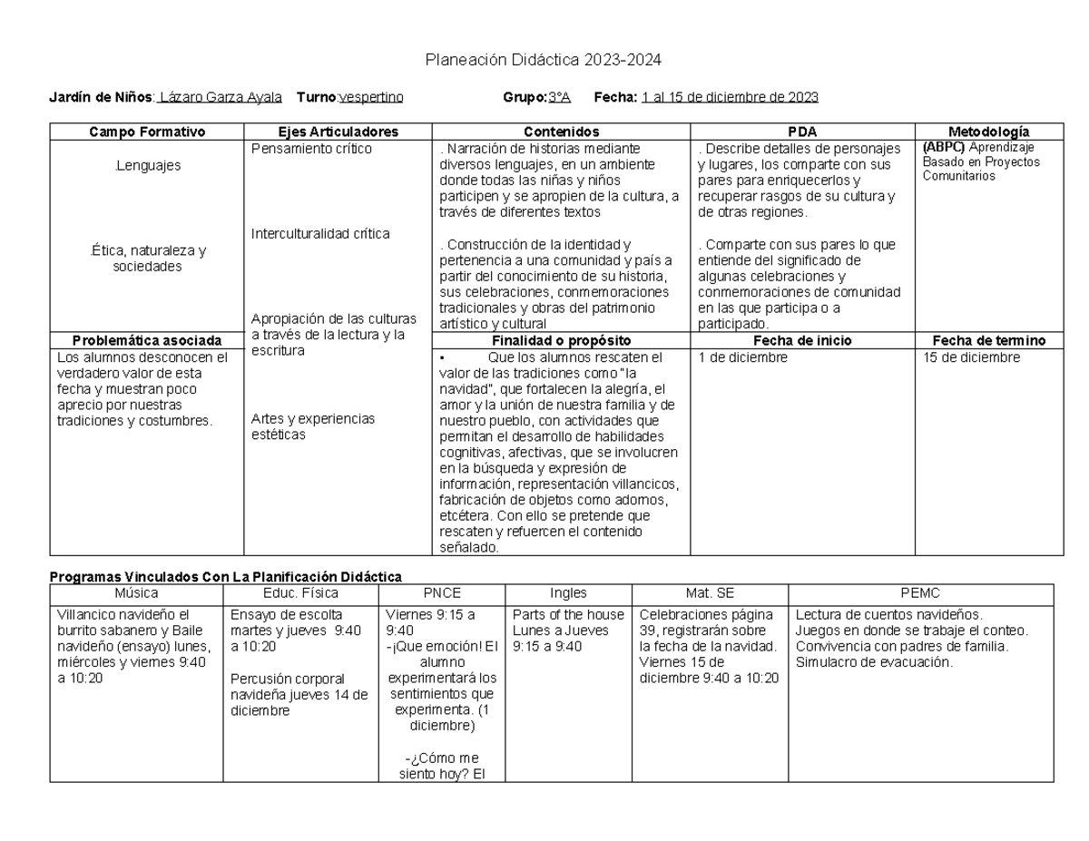 Plan diciembre - Planeación Didáctica 2023- Jardín de Niños: Lázaro ...