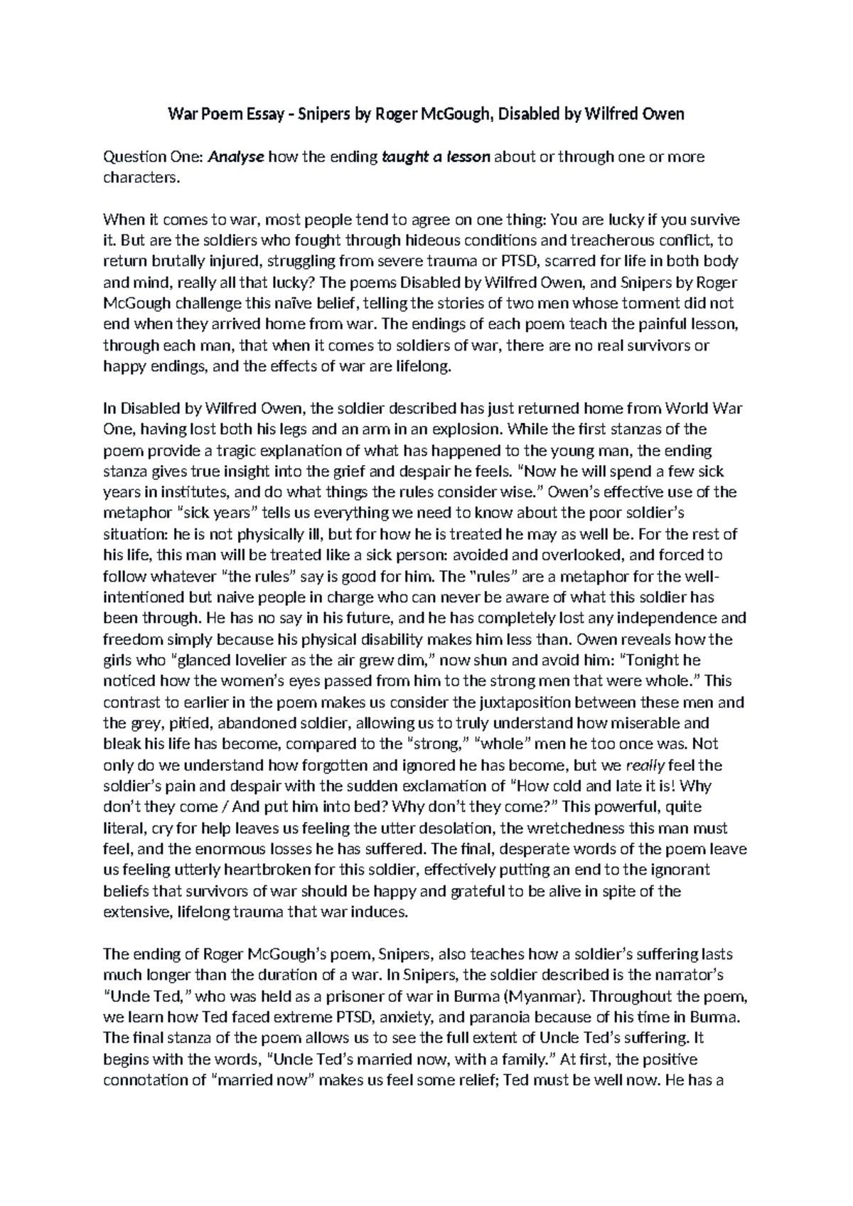 Personal Response 1 - War Poem Essay - Snipers by Roger McGough, Disabled by Wilfred Owen ...