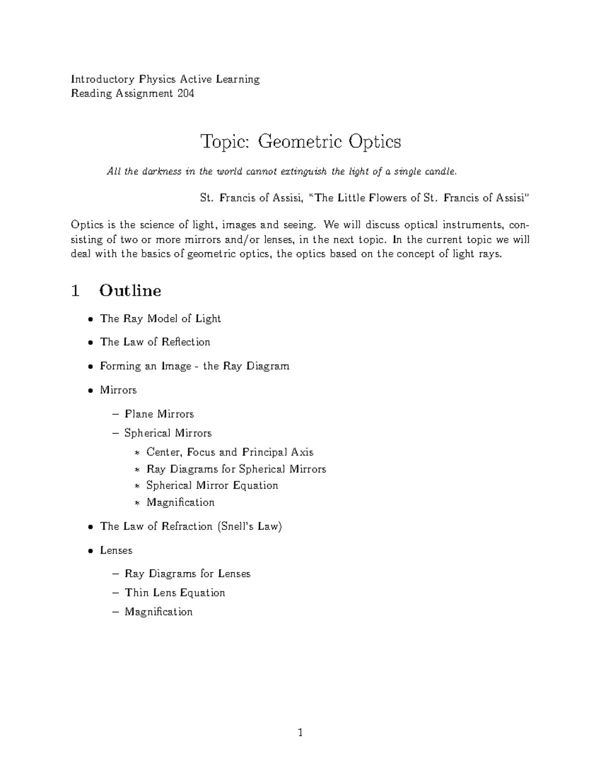 Reading Assignment 204 Geometric Optics - Introductory Physics Active Learning Reading ...