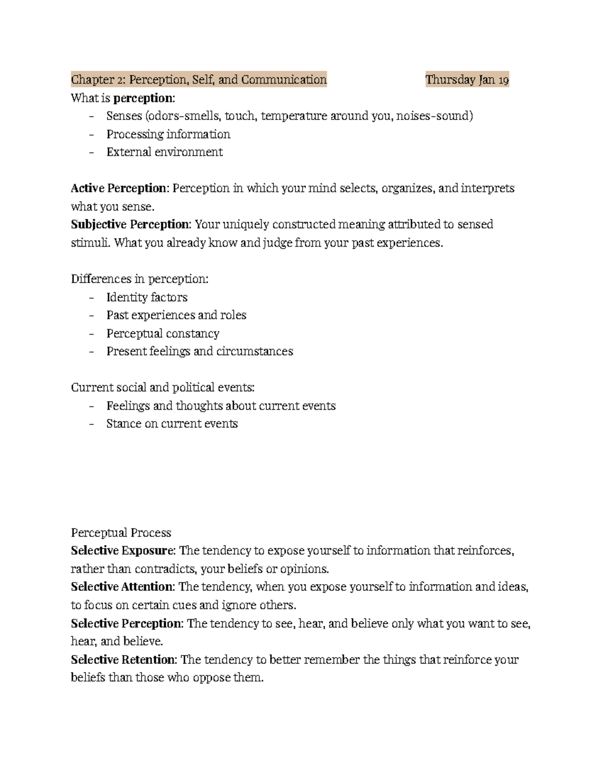 Human Comm Notes Chapter 2 Chapter 2 Perception Self And Communication Thursday Jan 19