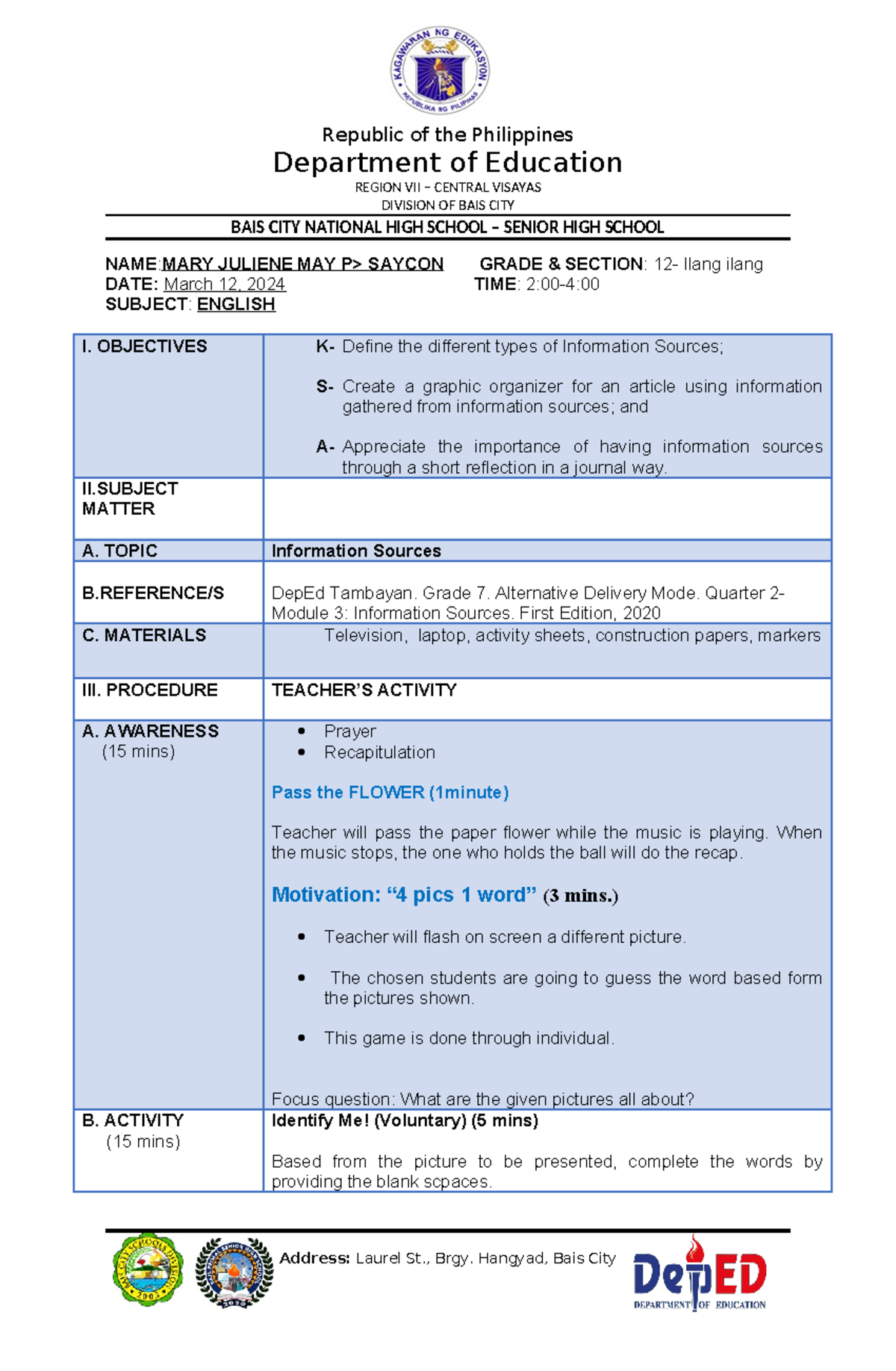 Juliene Lesson PLAN - English LP for BSED - Department of Education REGION VII – CENTRAL VISAYAS ...